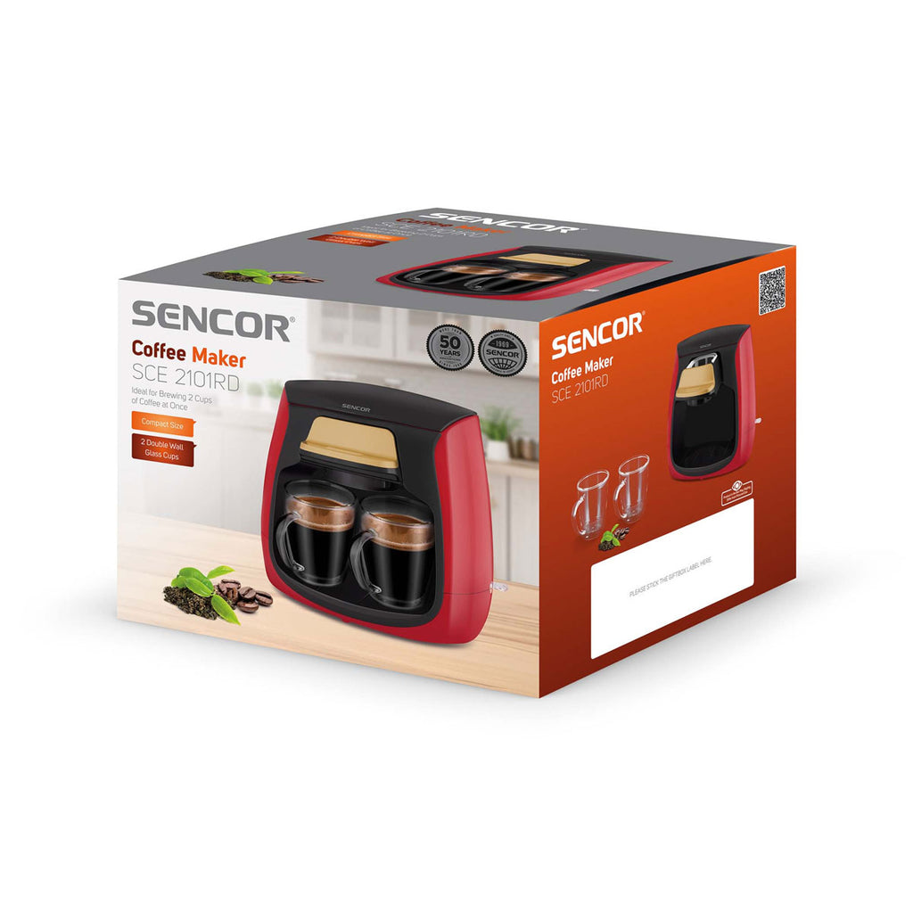 SENCOR SCE 2101RD Coffee Maker 2 Double Wall Glass Mugs Included, Red